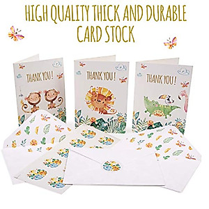 VNS Creations 30 Safari Thank You Cards | Bulk Jungle Animal Thank You Notes with Matching Envelopes & Stickers | Small & Cute Zoo Notecards Perfect for Baby Shower and Kids Birthday.