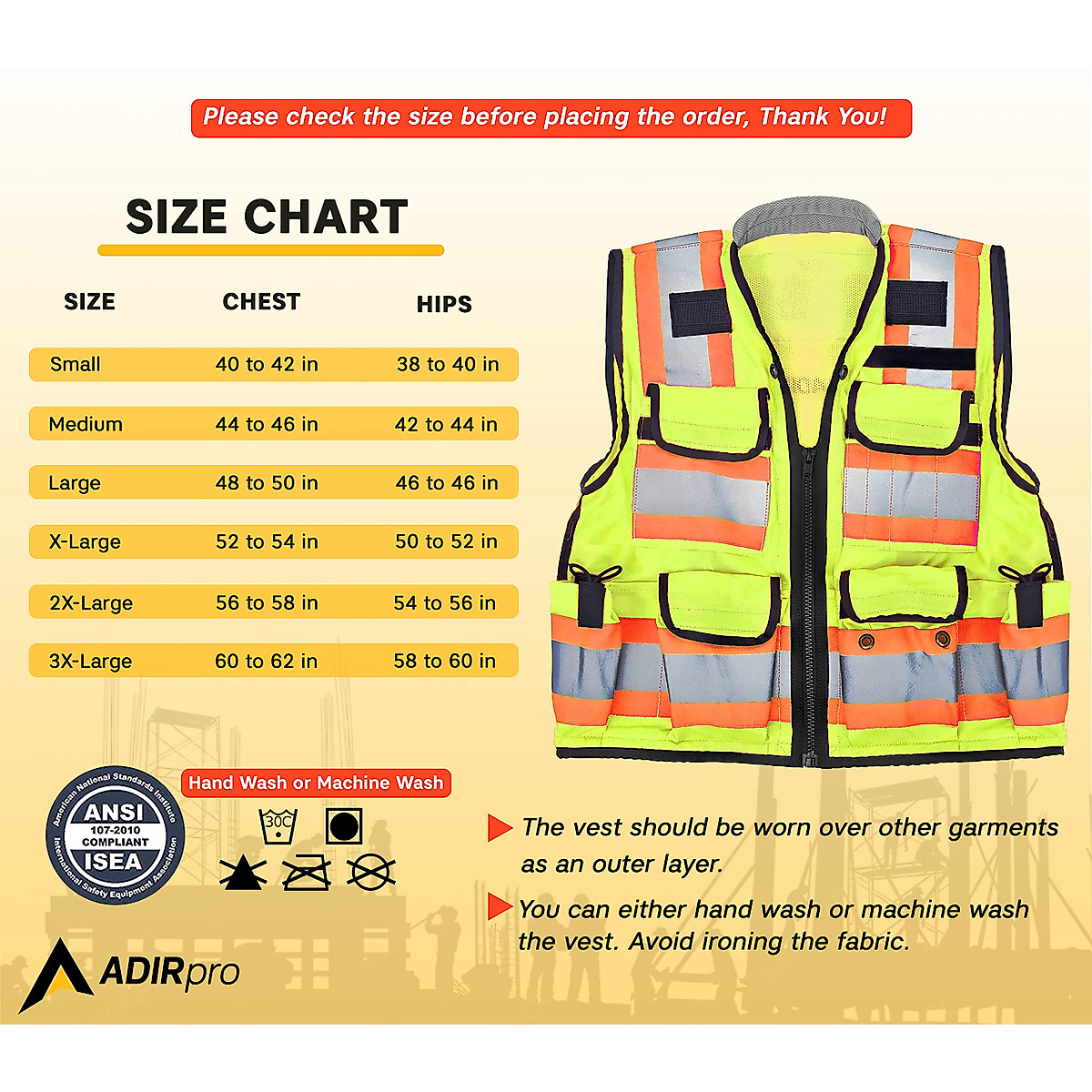 AdirPro Safety Vest - High Visibility Reflective with Zipper and Utility Pockets for Surveyors Engineers Class 2 Construction Workers, Fluorescent Yellow, 10