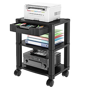AMERIERGO 3-Tier Adjustable Printer Stand with Drawer, Swivel Wheels, and Storage Shelf, 44lbs Capacity