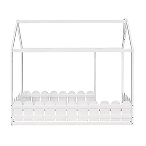Montessori Bed Frame Twin Size/House Bed Frames, House Floor Bed for Kids, Montessori Floor Bed with Fence, Door and Chimney, White