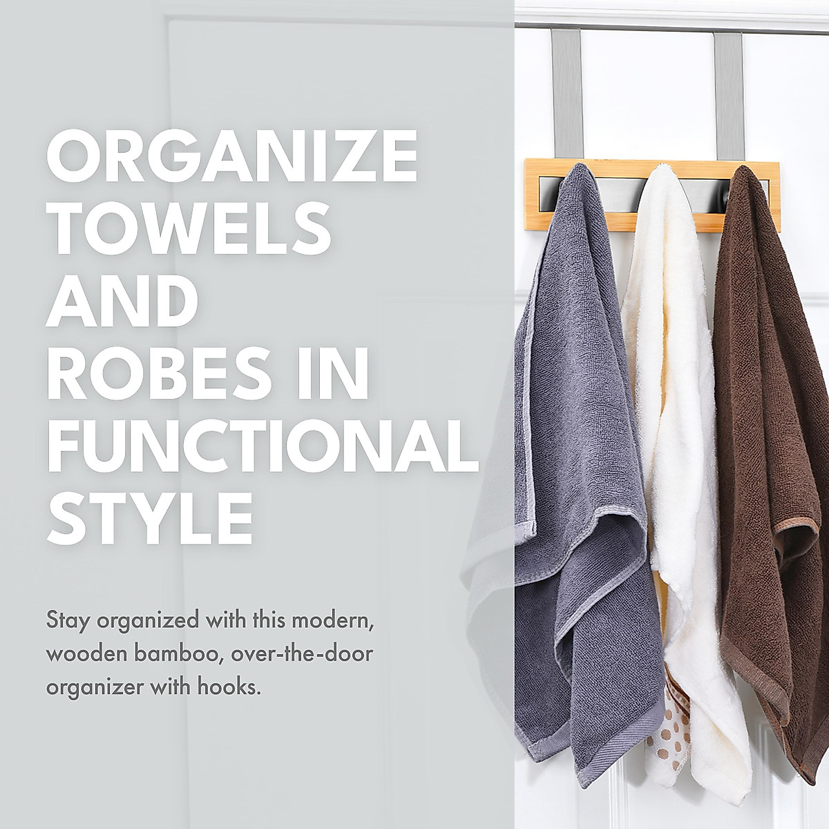 ToiletTree Products Bamboo Stainless Steel Over-The-Door Towel Hooks - Durable Coat, Clothes, and Towel Rack to Use in The Bathroom, Laundry Room, and Closet - 3 Hooks