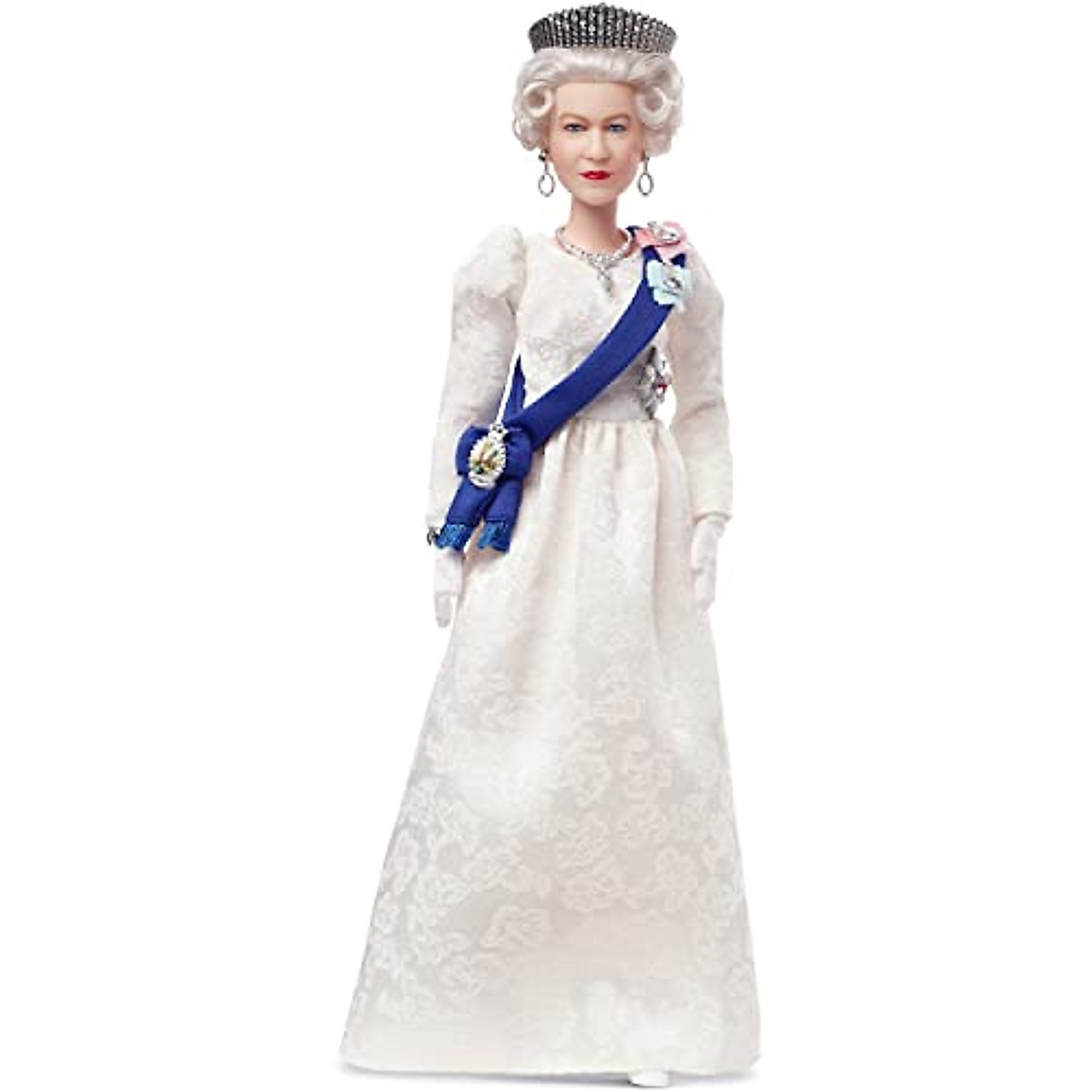 Barbie Signature Queen Elizabeth II Platinum Jubilee Doll Wearing Ivory Gown, Riband, Crown & Gloves, with Doll Stand, Gift for Collectors