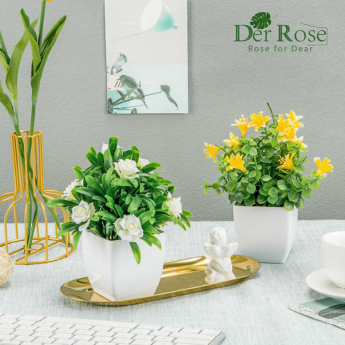 Der Rose 2 Pack Fake Plants Mini Artificial Faux Plants with Flowers for Home Office Table Room Farmhouse Decor Indoor