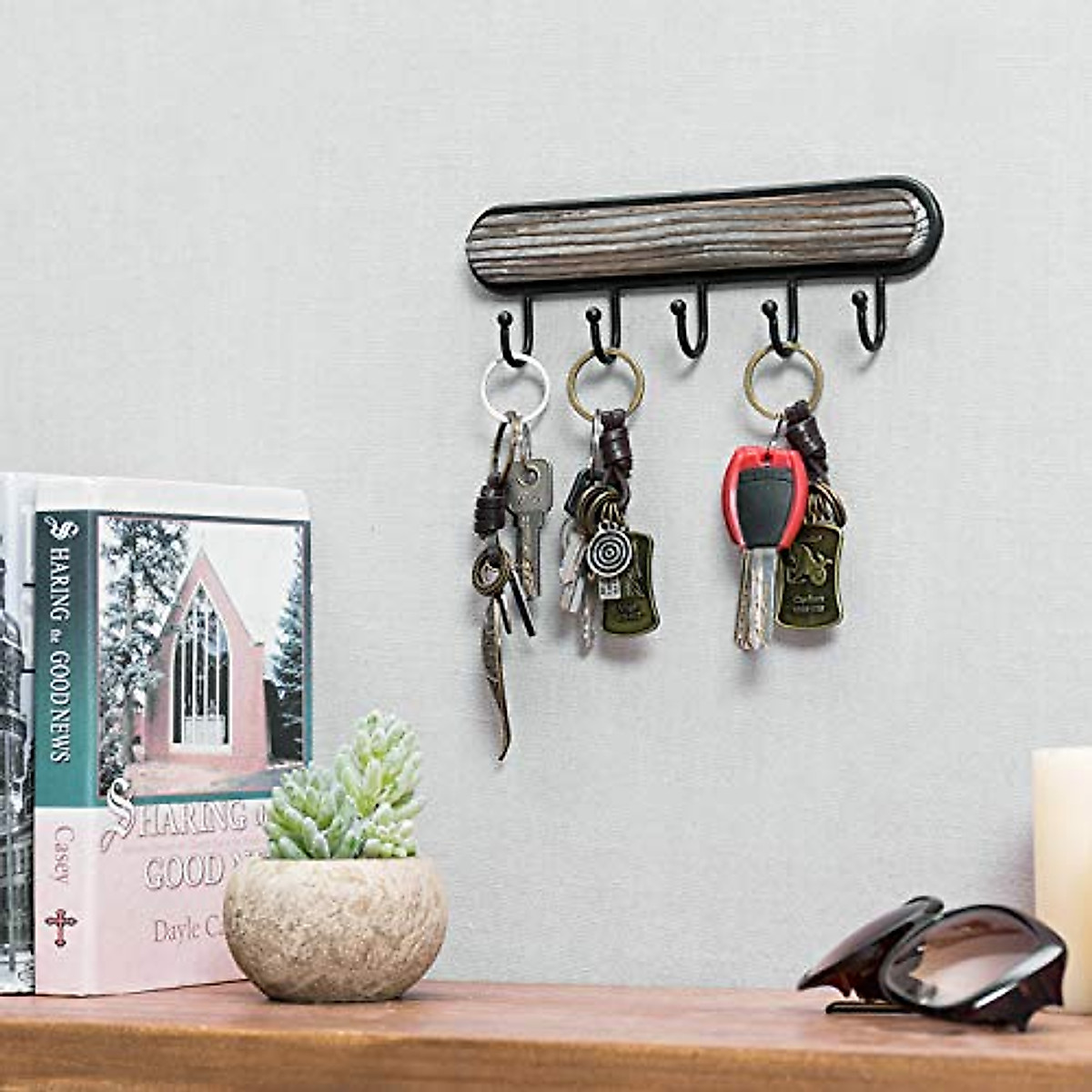 MyGift Decorative Wall Mounted Torched Wood Entryway Coat Rack and Key Holder Rack with 5 Hooks and Black Metal Frame