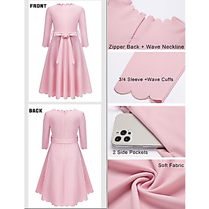 Arshiner Big Girls Dresses 3/4 Sleeve Scalloped Edge A-line Belted Banquet Dress with Pockets（Pink，13-14Years）