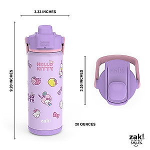 zak! Beacon Insulated Bottle, Hello Kitty - 20 oz - Durable Stainless Steel - Double-Wall Vacuum Insulation, Silicone Spout & Push-Button, Leak-Proof Lid - Dishwasher Safe