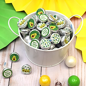 Holy Guacamole Trio of Avocados Birthday Kiss Sticker Labels for Kids, 300 Party Circle Sticker Sized 0.75” for Chocolate Drop Kisses by AmandaCreation, Great for Favors, Treats, Envelopes & Bags