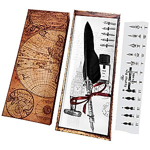 Trustela Feather Quill Pen Set - Calligraphy Dip Pen Set Includes Big Feather Pen With 18 Calligraphy Nibs And Pen Holder In A Gift Box For Writing And Antique Desk Decor (BlackFeather)