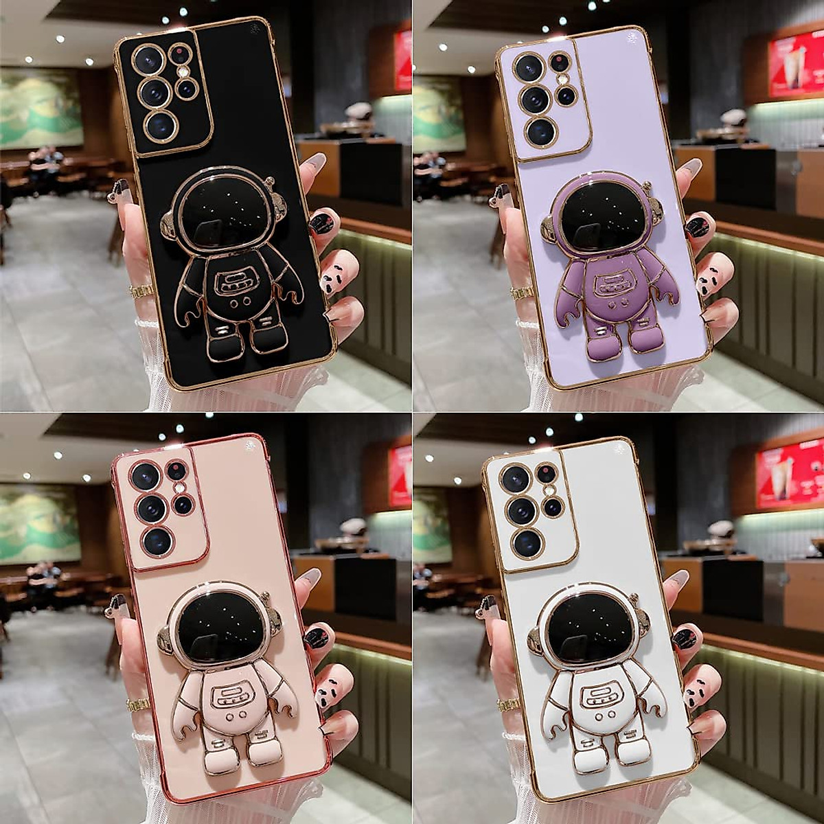 AIGOMARA 6D Plating Astronaut Hidden Stand Case Cover for Samsung Galaxy S21 Ultra 5G Women Astronaut Folding Bracket Kickstand iPhone Case with Camera Protector Soft TPU Shockproof Bumper - Pink