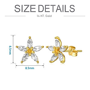 14K Real Solid Gold Crystal Flower Stud Earrings for Women Gifts for Her Screw Back Floral Sutd Earrings 8.5mm