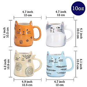 Bico Cartoon Cat Handcrafted Stoneware Ceramic 10oz Mugs, Set of 4, Assorted Color