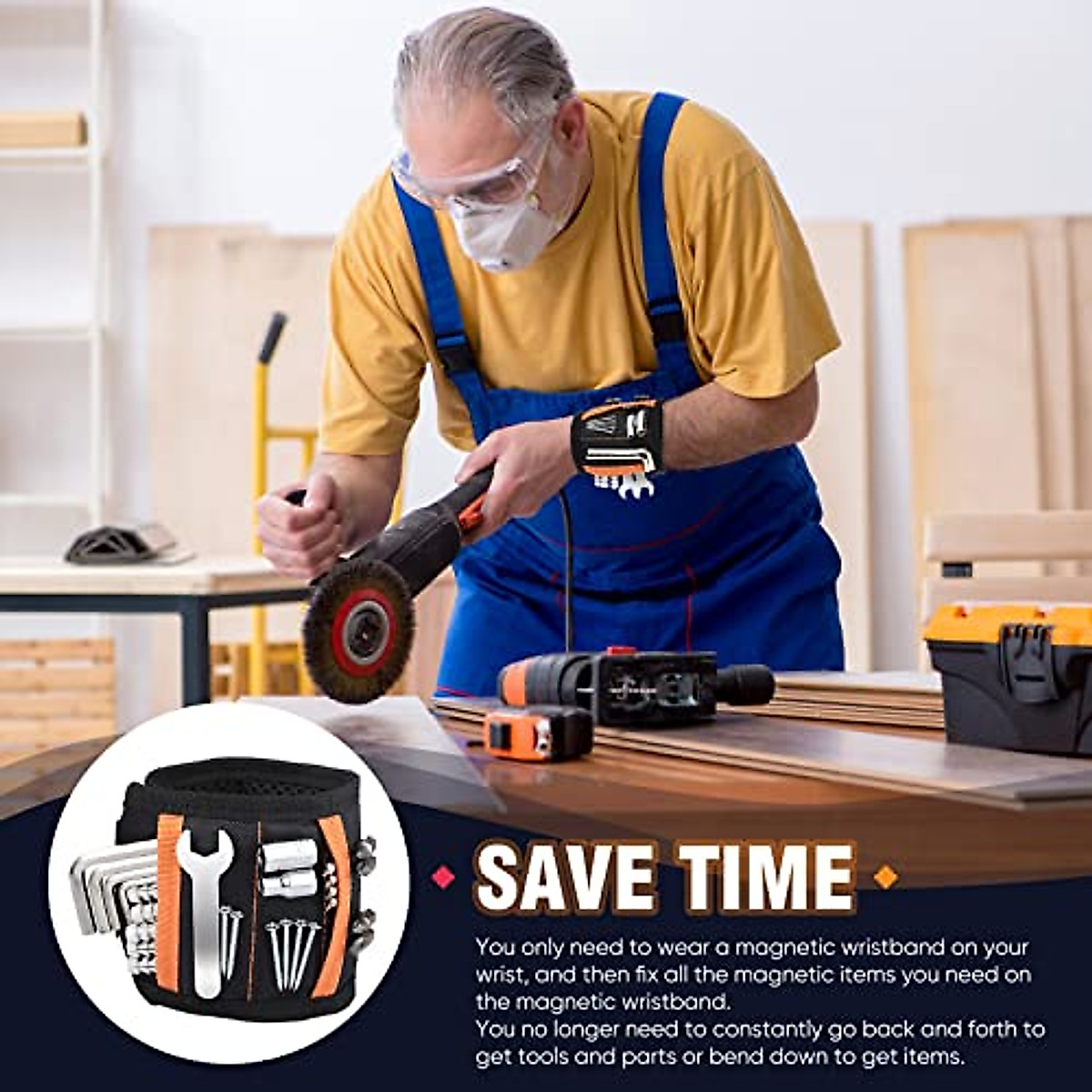 5 Pcs Magnetic Wristband Tools Set Gifts for Men Christmas Stocking Stuffers 1 Magnetic Wristband to Hold Screw Nail 1 Keychain 1 Pick up Tool 1 Gift Bag 1 Gift Box Cool Gadget Birthday Gift (Grandpa)