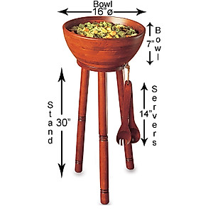Woodard & Charles Extra Large Salad/Serving Bowl Set with Stand. 16" x 7" Bowl, 30" Stand, 14" Servers -perfect for Caesar Salads, Large Salads, Popcorn, Chips or Fruit.