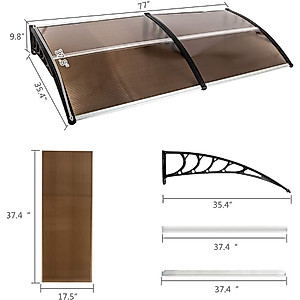 Simply-Me 40" x 80" Door Window Awning Polycarbonate Cover Front Door Outdoor Patio Awning Canopy UV Rain Snow Protection Hollow Sheet (Brown & Black Bracket)